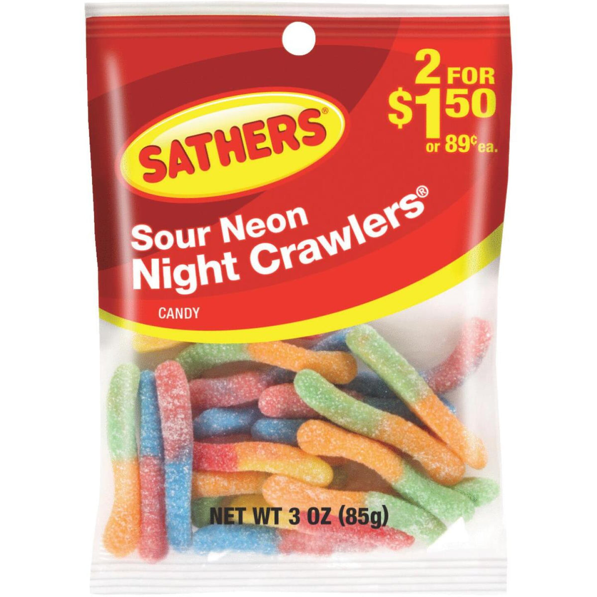 Sathers Assorted Sour Fruit Flavors 3 Oz. Neon Night Crawlers - Pecos ...