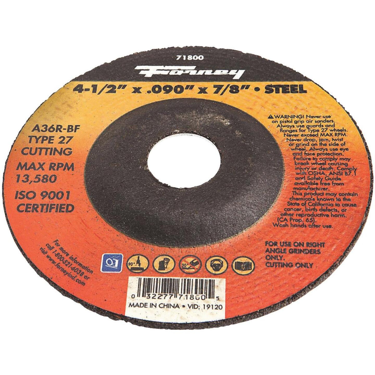 Forney Type 27 4-1/2 In. x 0.090 In. x 7/8 In. Steel Cut-Off Wheel ...